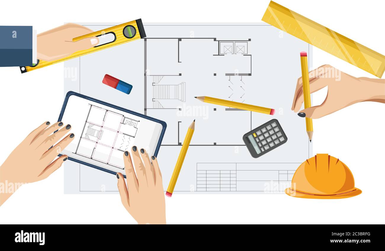 Architect hands drawing a blueprint with rulers, compass and pencil, bubble level, yellow helmet ...