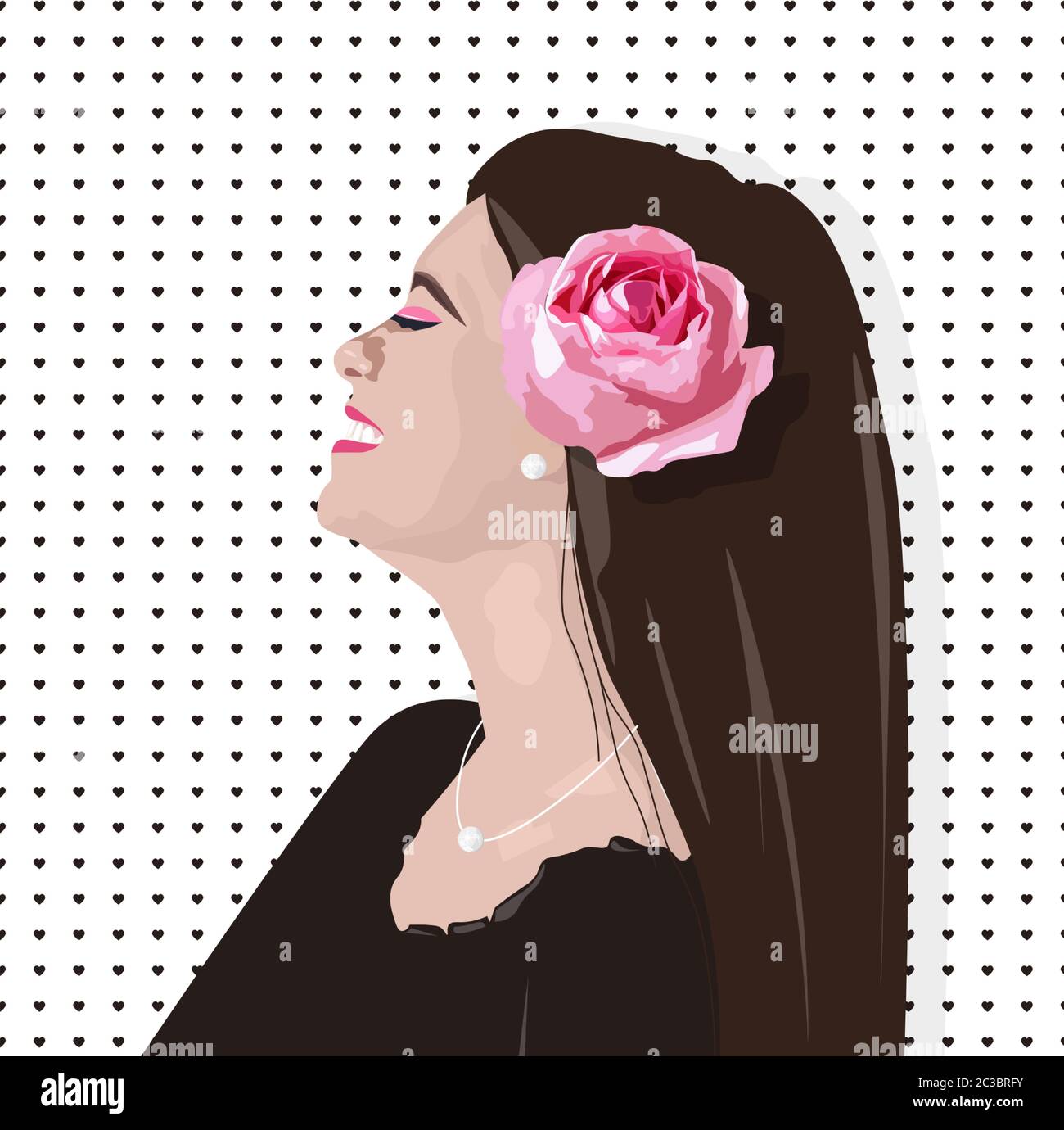 Smiling girl with rose flower on hair. Pattern of hearts on background ...