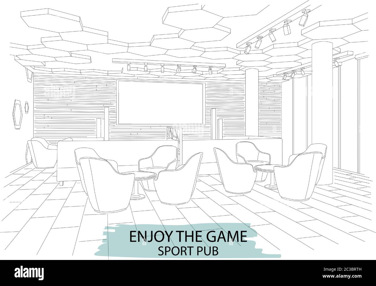 Outline sketch of a modern sport pub with big chairs and tv on wall ...