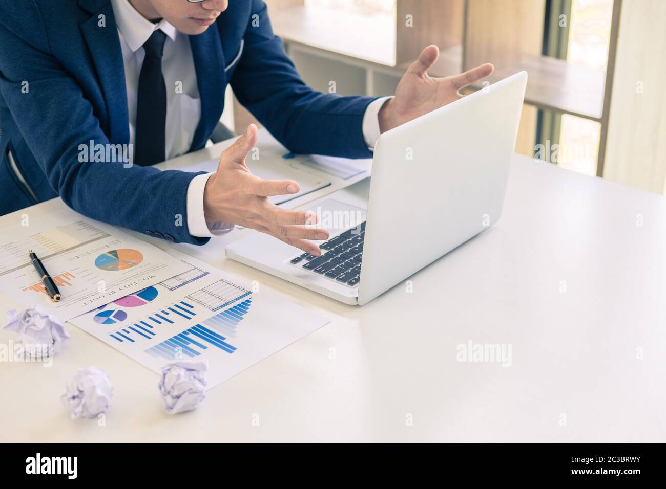 Depressed failure and tired businessman late sad and solving problem in ...