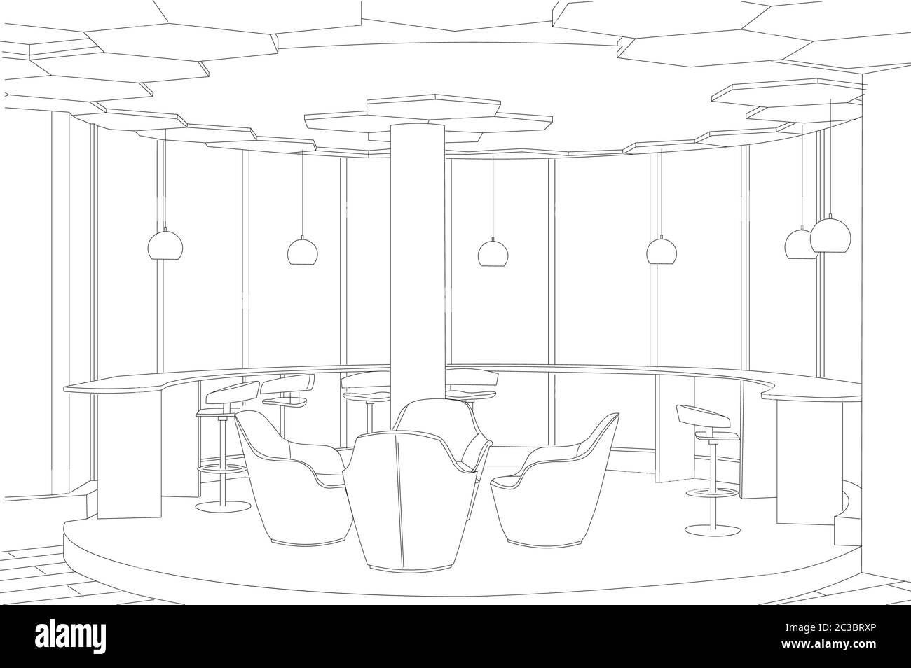 Outline sketch of a modern cafe with sofa and tables. Large windows and ...