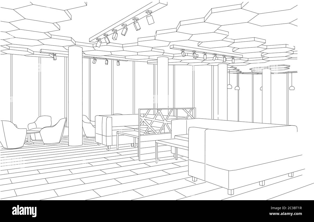 Outline sketch of a modern cafe with sofa and tables with large windows ...
