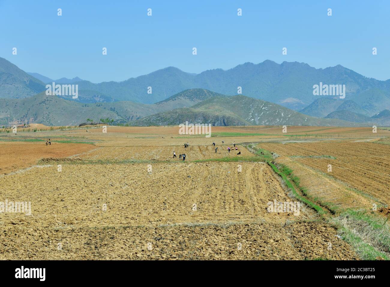North Korea landscape. Mountains and plowed agriculture fields in ...