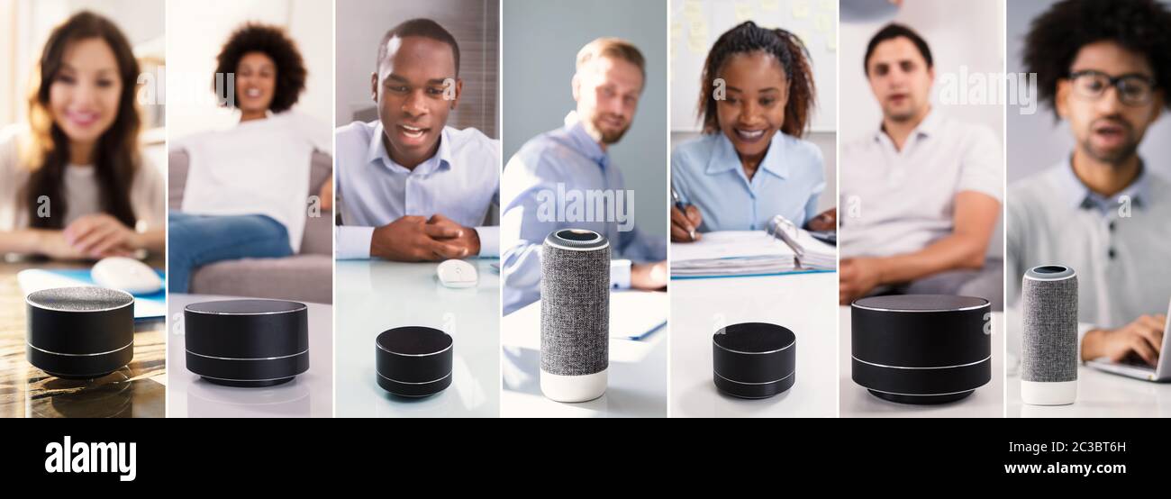 Using Voice Assistant And Smart Speakers Collage Stock Photo - Alamy
