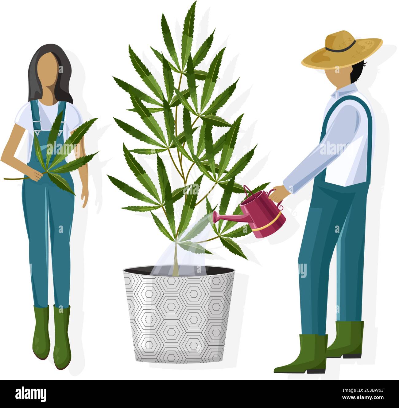 Couple of farmers growing marijuana leaves in a pot. Vector Stock ...