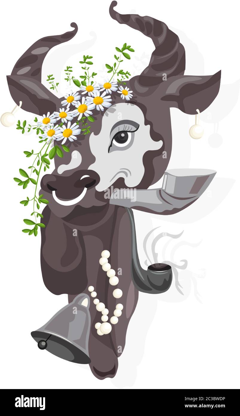 Elegant cow with camomile flowers in the head smoking a pipe. Vector ...