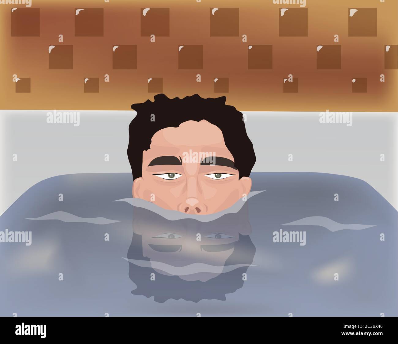 Cartoon of a young man sunken in bathtub. Water reflection. Vector ...