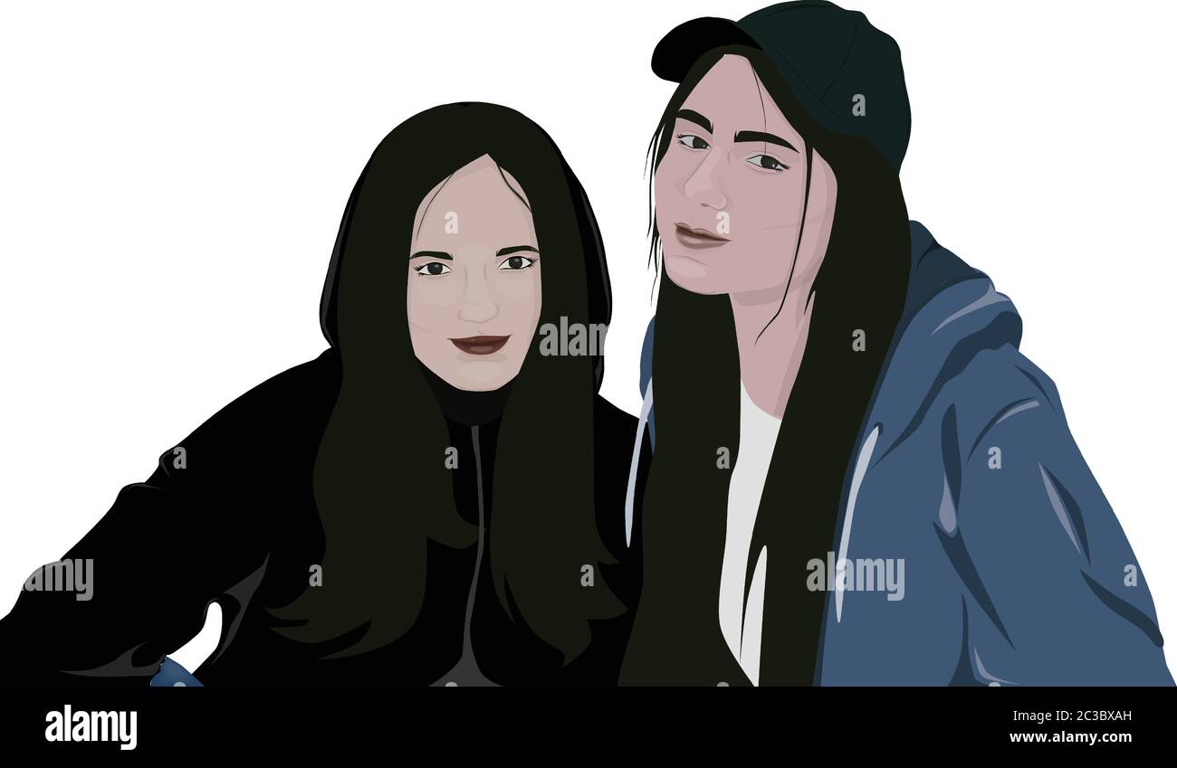 Drawing of two beautiful girls posing. White background. Vector Stock ...