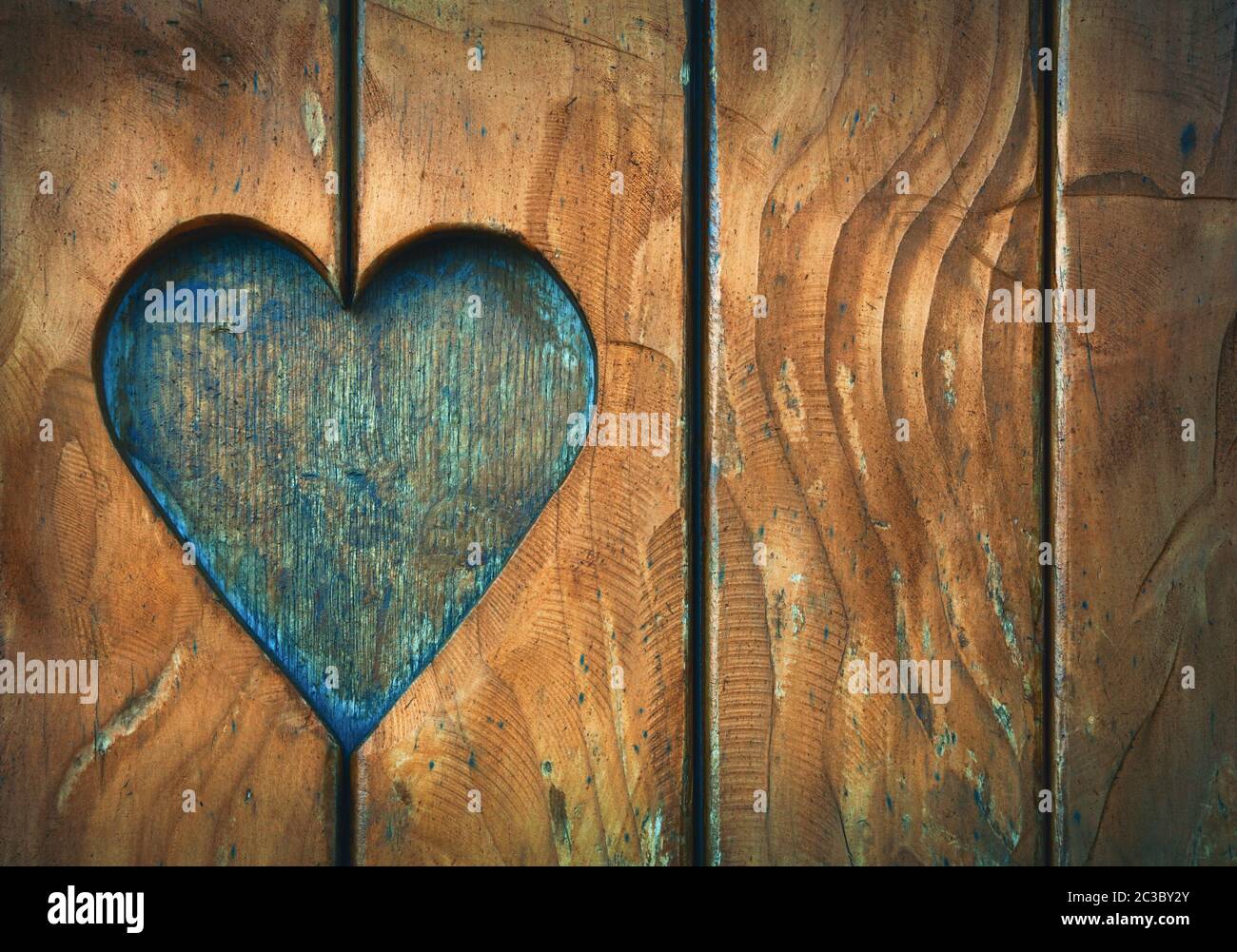 One heart shape, symbol of love and romance, wood carved cut in vintage ...