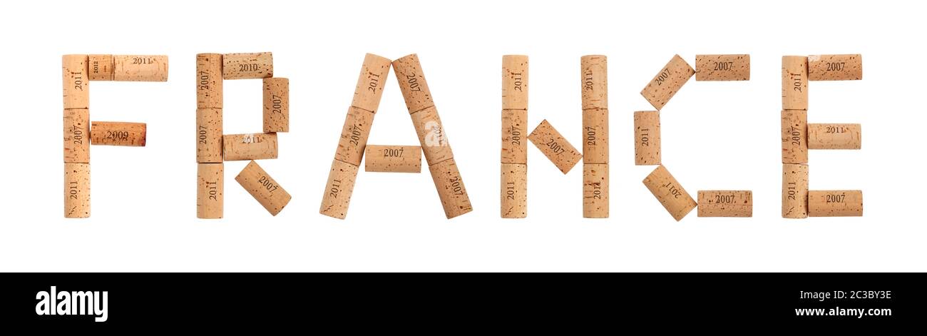 Word FRANCE shaped by natural wooden red wine bottle corks of different ...