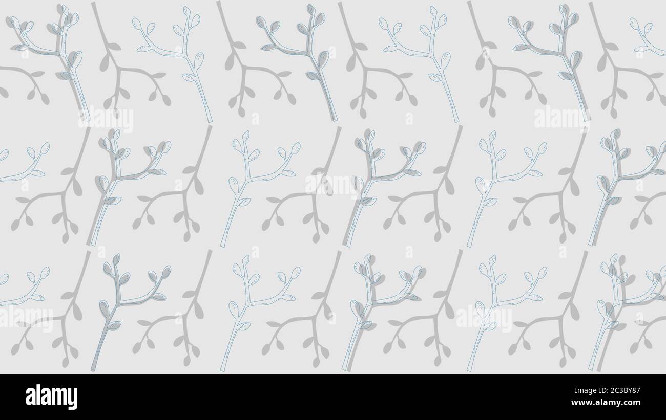 Line art texture of blue branches with leaves on gray background ...