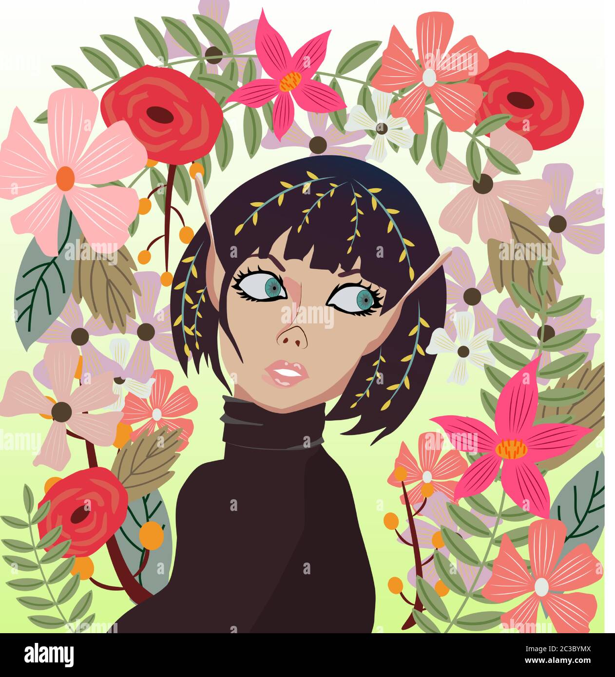 Abstract shot of elf girl with flowers all around her. Cartoon style ...