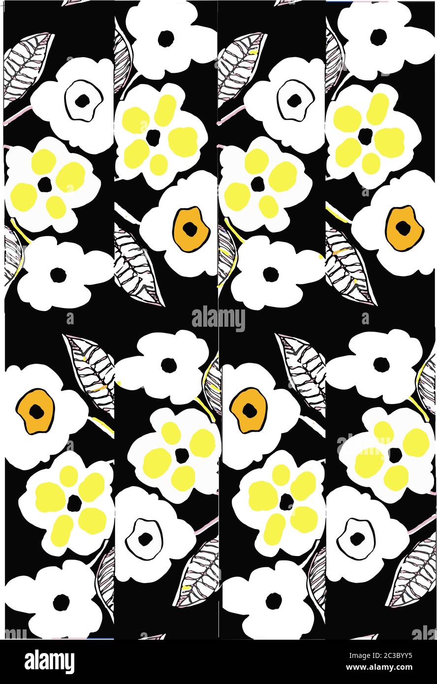 High contrast floral pattern. Black background. White and yellow ...