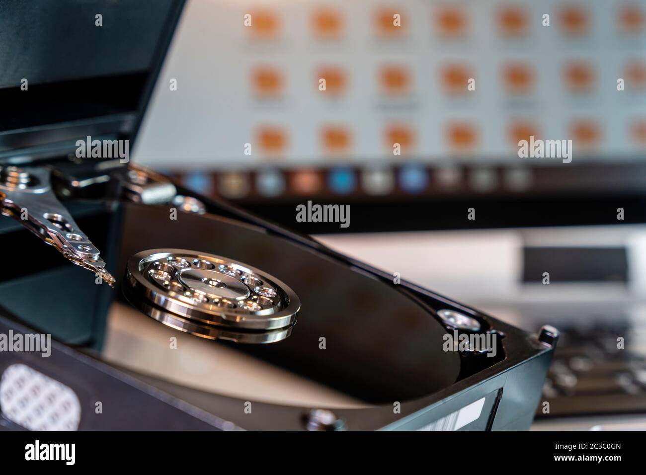 Technical laboratory for hard disk repair and data saving. Rotating ...