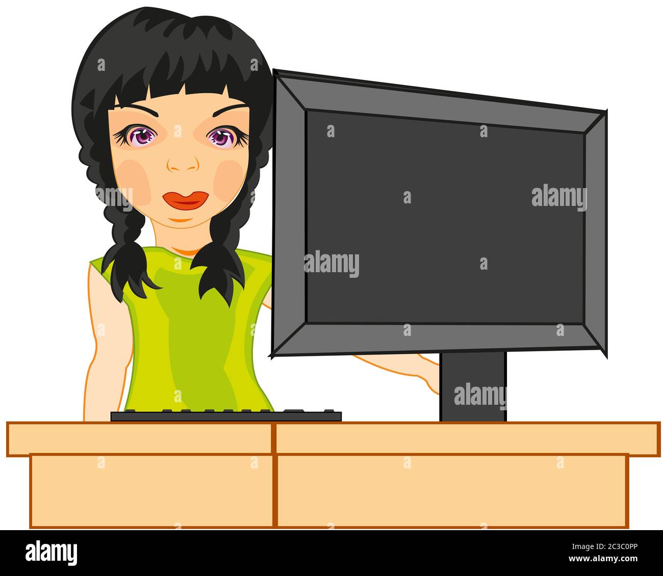 Vector illustration of the young beautiful girl sitting from computer ...