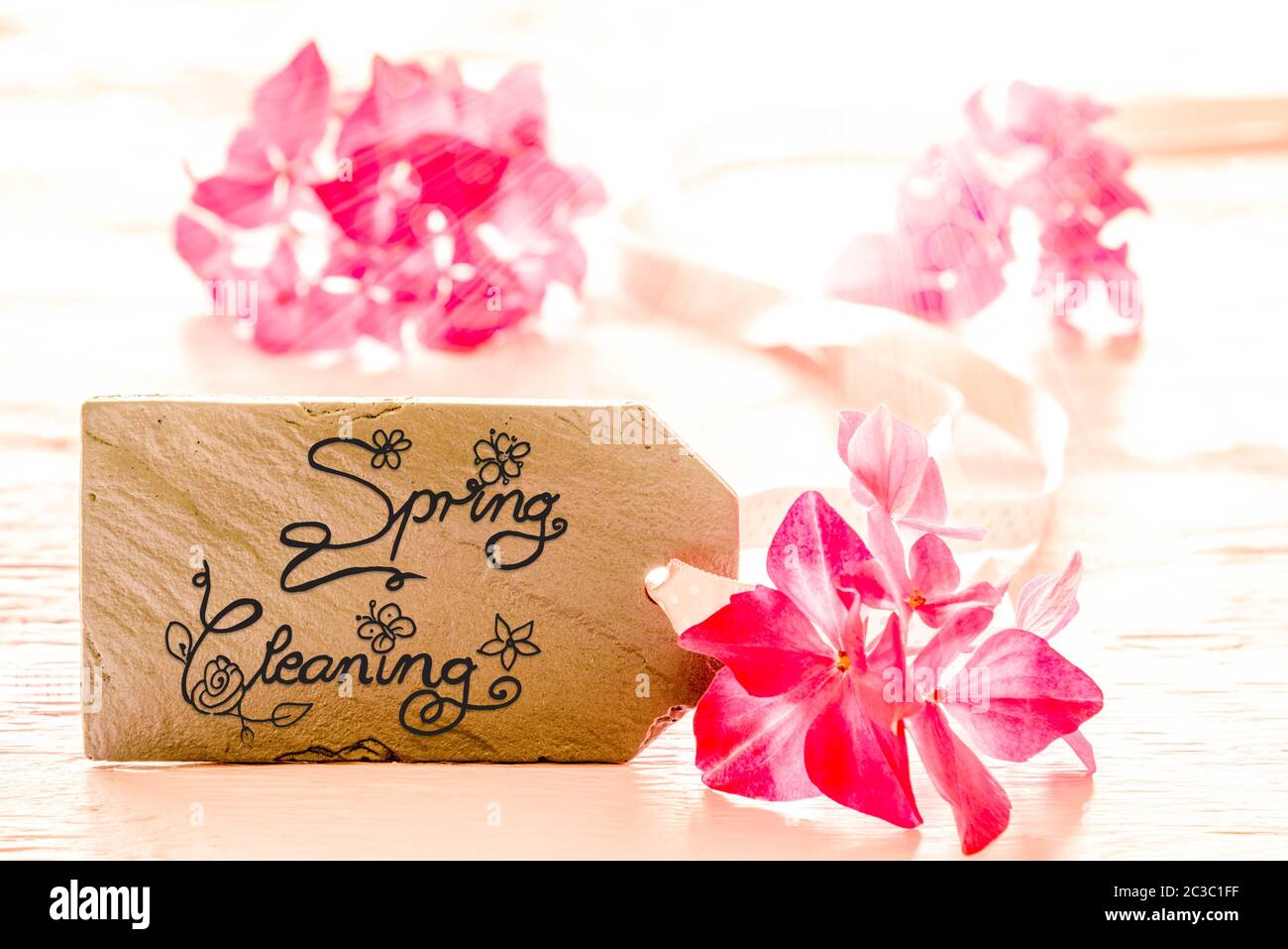 One Label With English Calligraphy Spring Cleaning. Pink Spring Flower ...