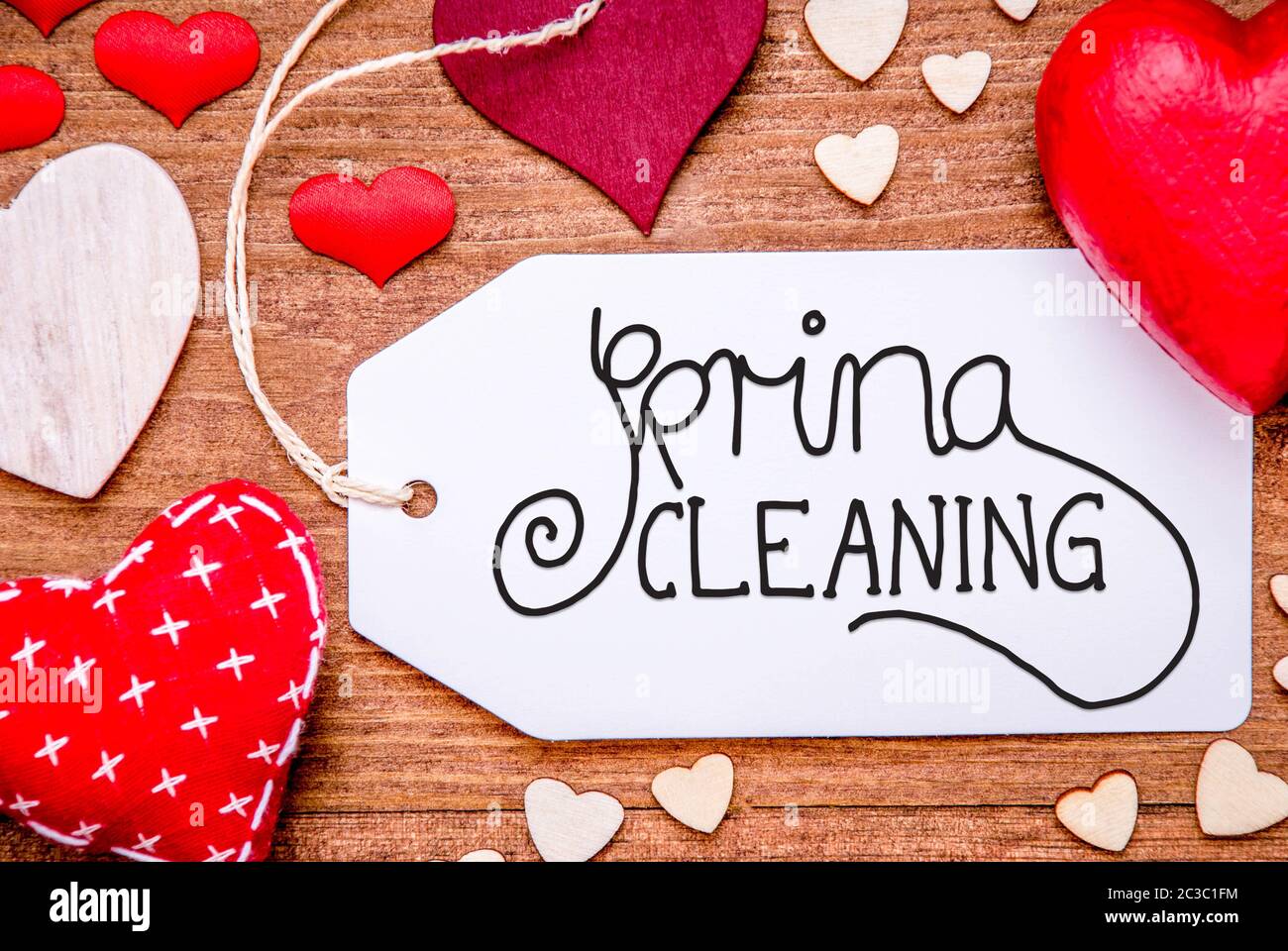 One Label With English Calligraphy Spring Cleaning. Red Hearts For ...