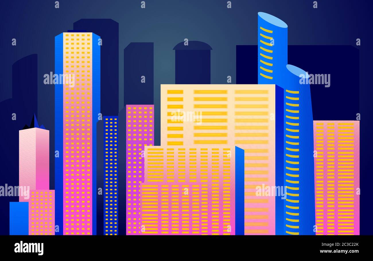 Colorful night life neon apartment buildings with gradient colors. Blue ...