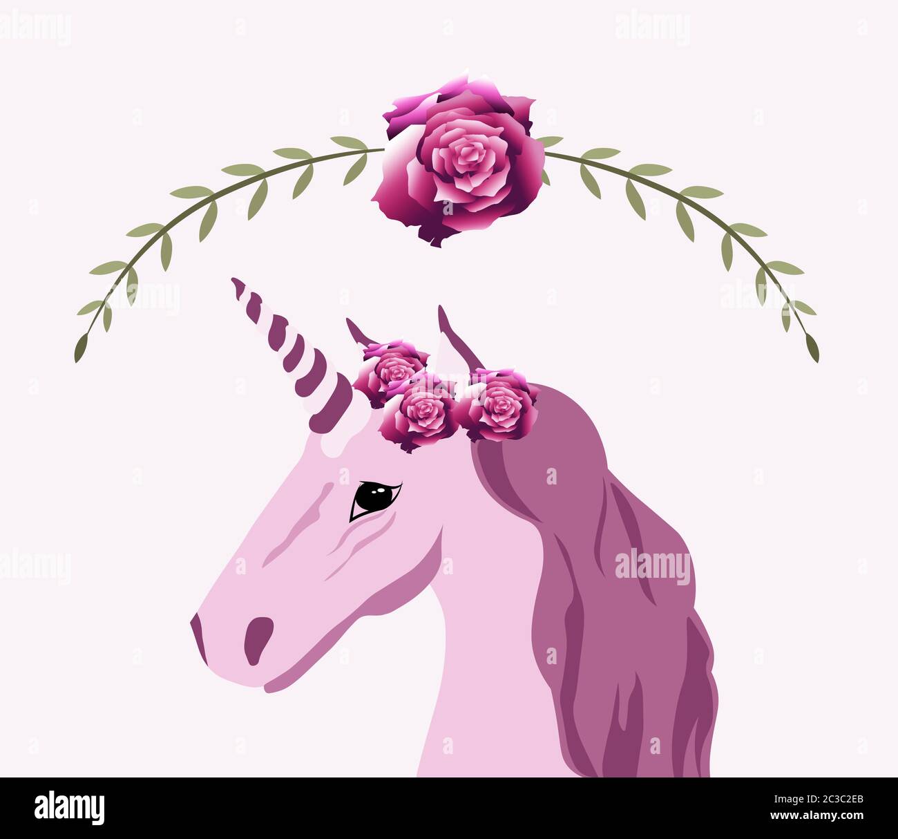 Pink unicorn pony horse with rose flowers and green leaves. Vector ...