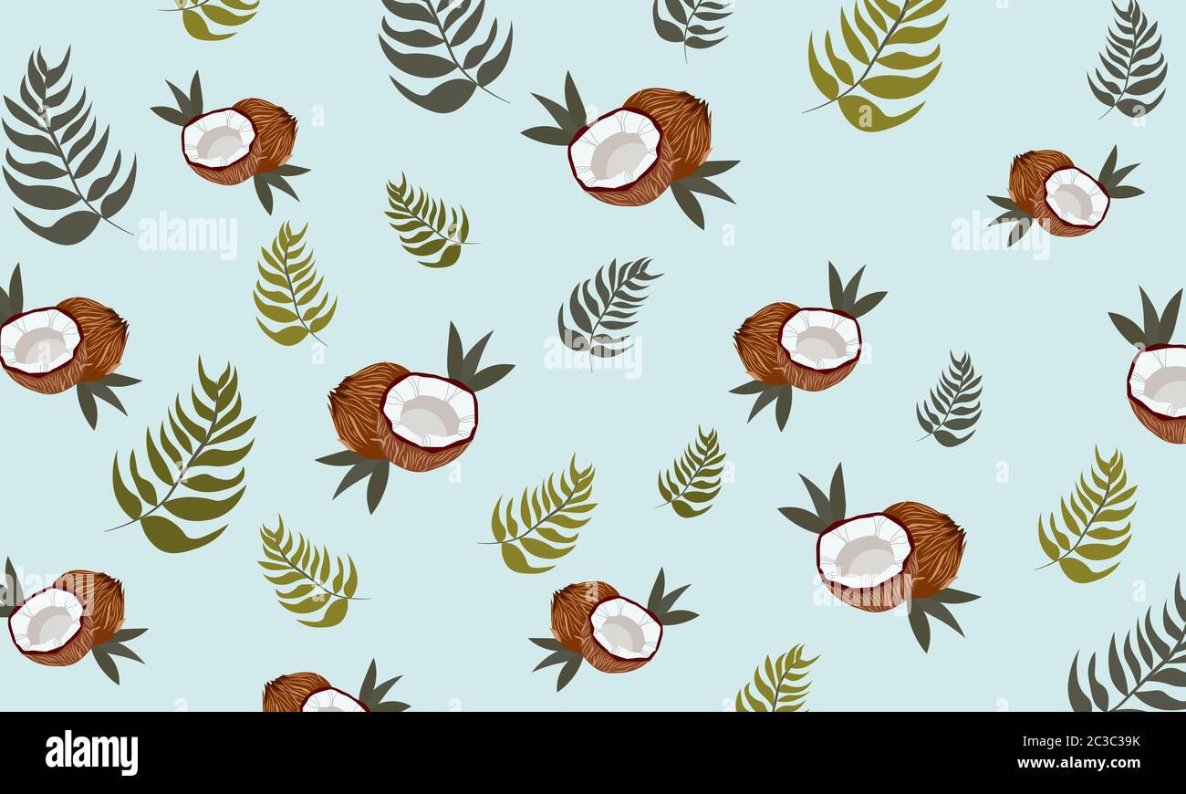 Coconut with leaves and blue background. Pattern. Vector Stock Vector ...