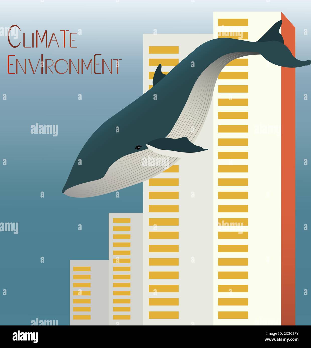 Blue whale swimming through big apartment buildings. Climate ...
