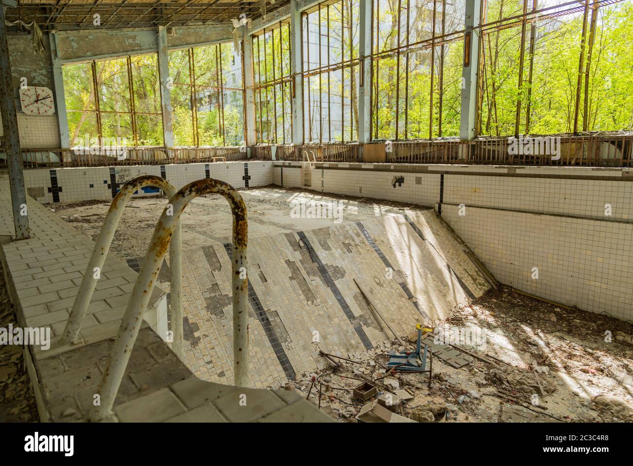 Chernobyl zone. Swimming pool in the city of Pripyat in Ukraine ...