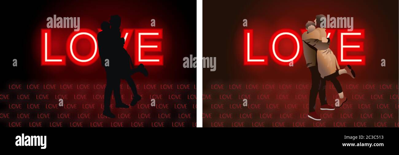 Young couple hugging each other with red love neon sign on background ...