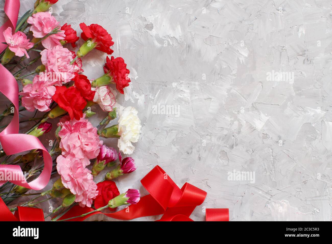 Spring background with carnations flowers and ribbons Stock Photo - Alamy