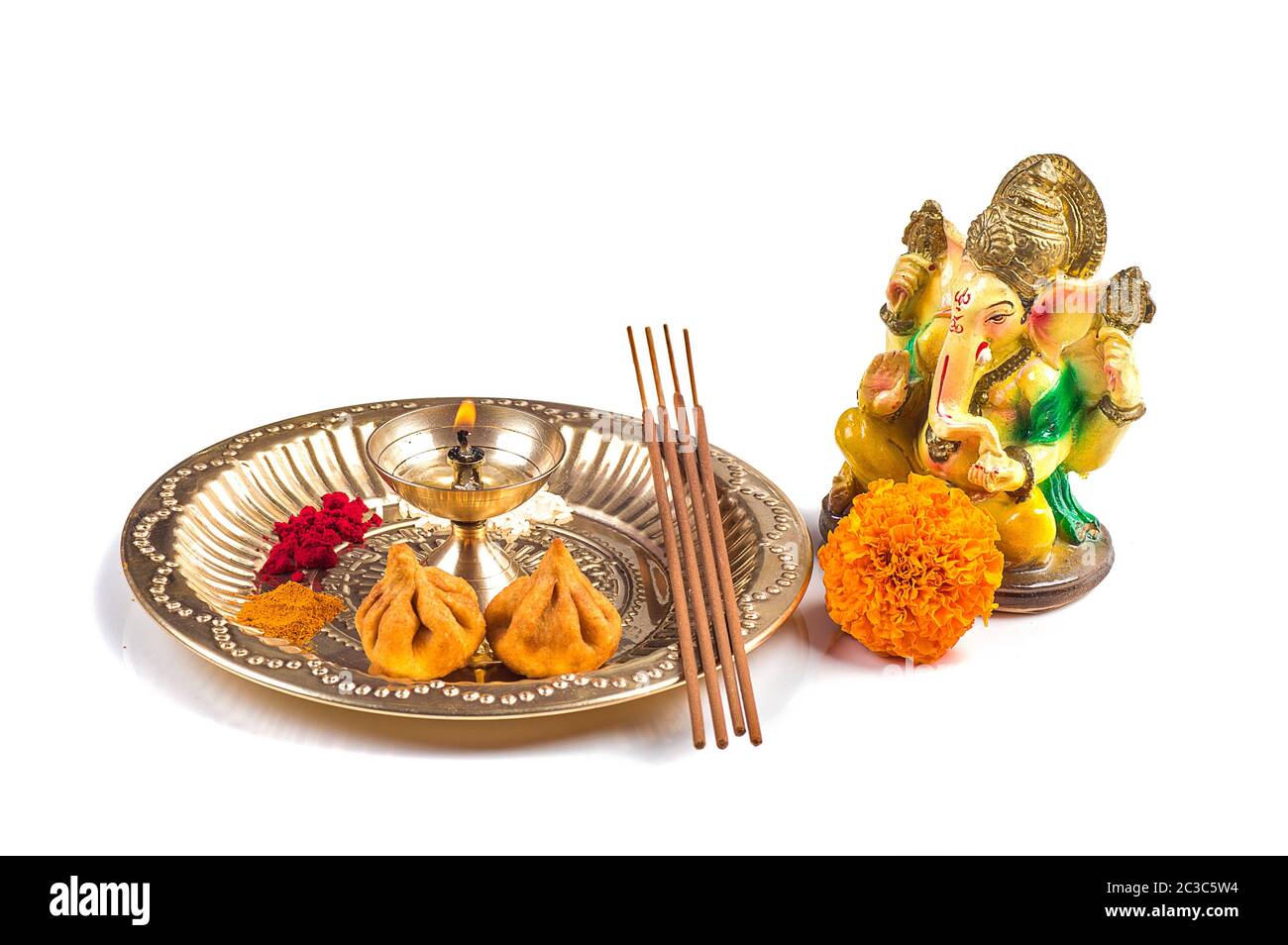 Hindu God Ganesha. Statue of Lord Ganesha. Worship (Pooja) arrangement ...