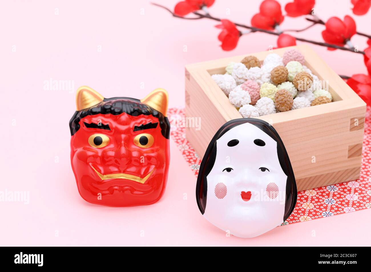 Japanese traditional Setsubun event, Masks of Oni demon and soybeans are used on an annual event ...