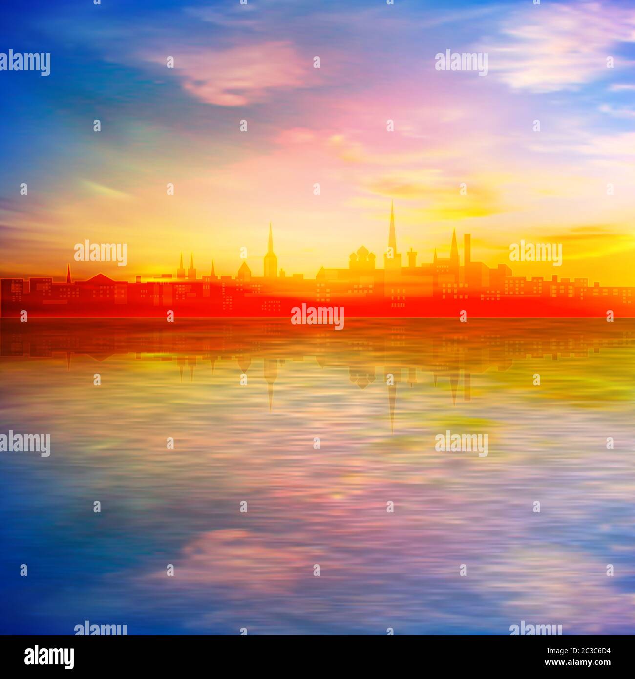 abstract spring background with gold sunset pink sky and silhouette of ...