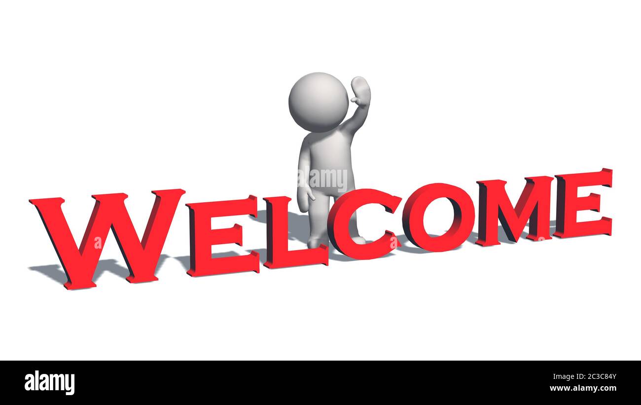 Welcome lettering - 3D text in red and 3D figure with shadow on the ...