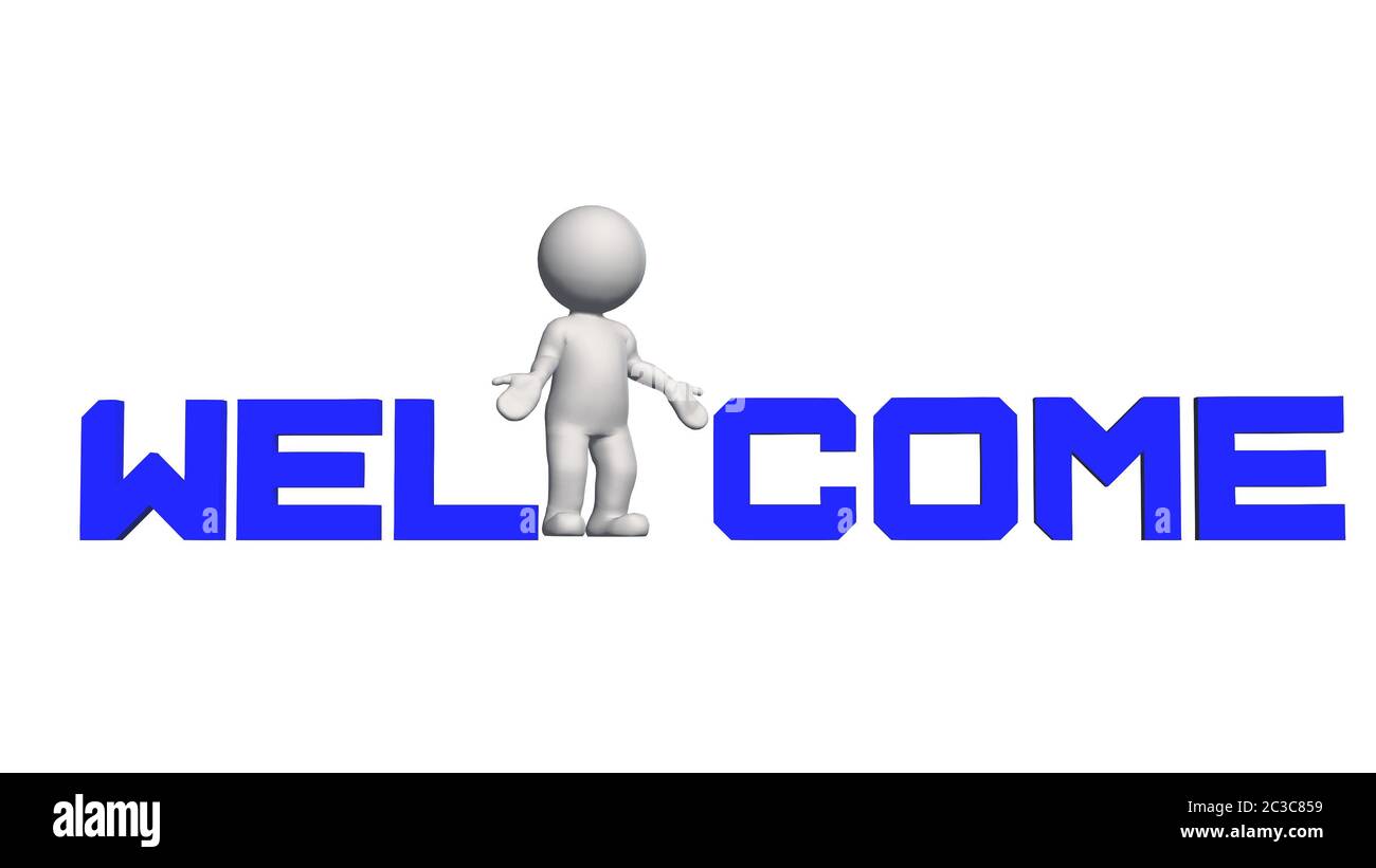 Welcome lettering - 3D text in blue and 3D figure Stock Photo - Alamy