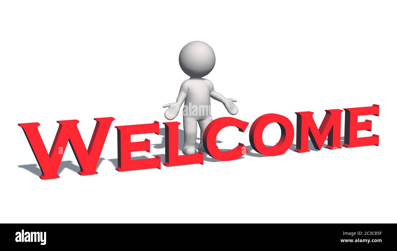 Welcome lettering - 3D text in red and 3D figure with shadow on the ...