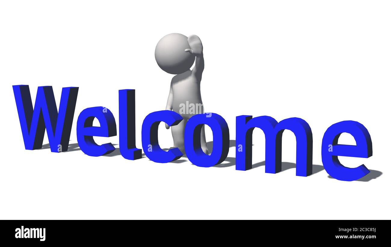 Welcome lettering - 3D text in blue and 3D figure with shadow on the ...