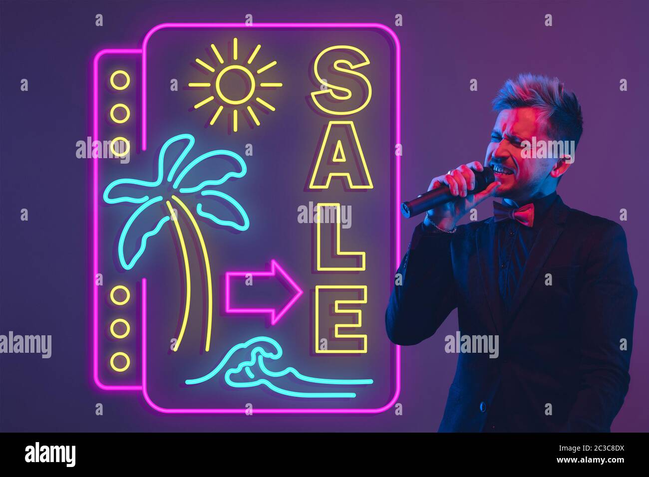 Young musician, party host singing on gradient studio background in ...