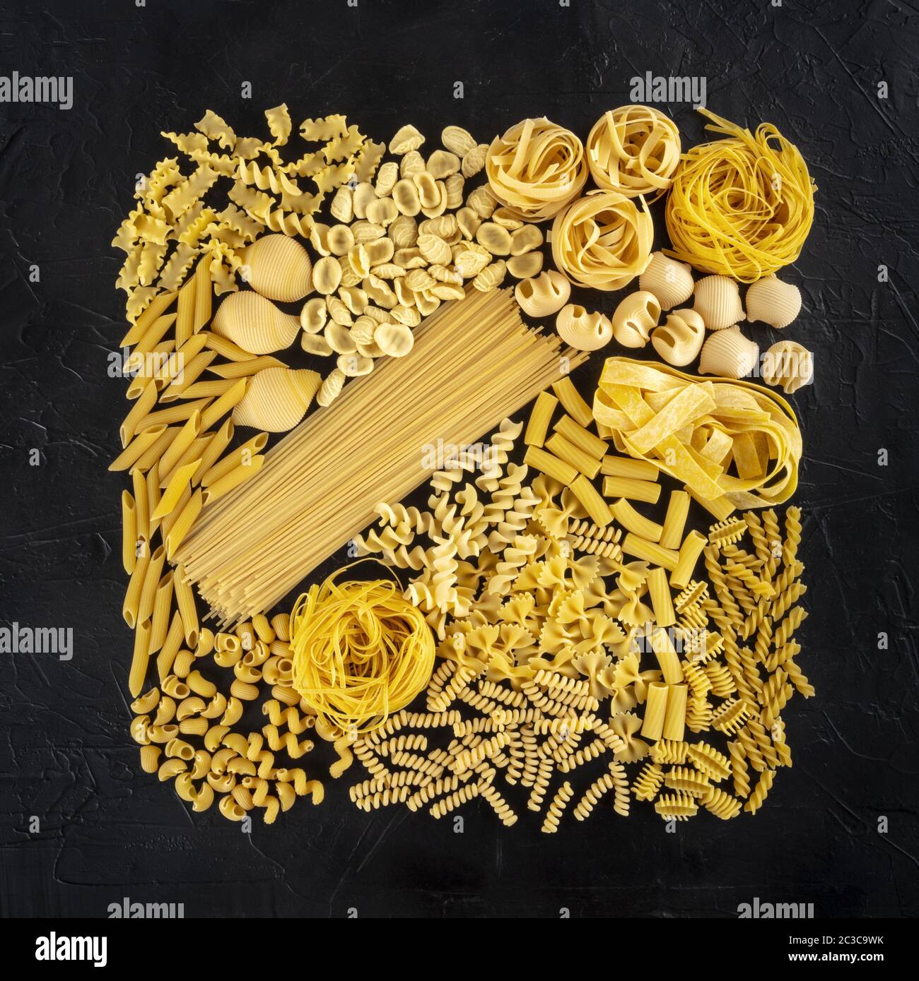 Italian pasta assortment, a square flat lay of many different pasta ...