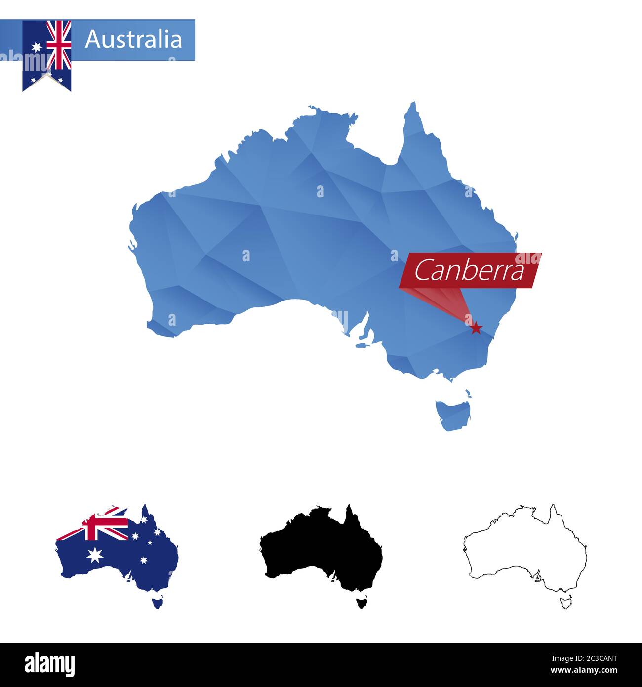 Australia blue Low Poly map with capital Canberra, four versions of map ...