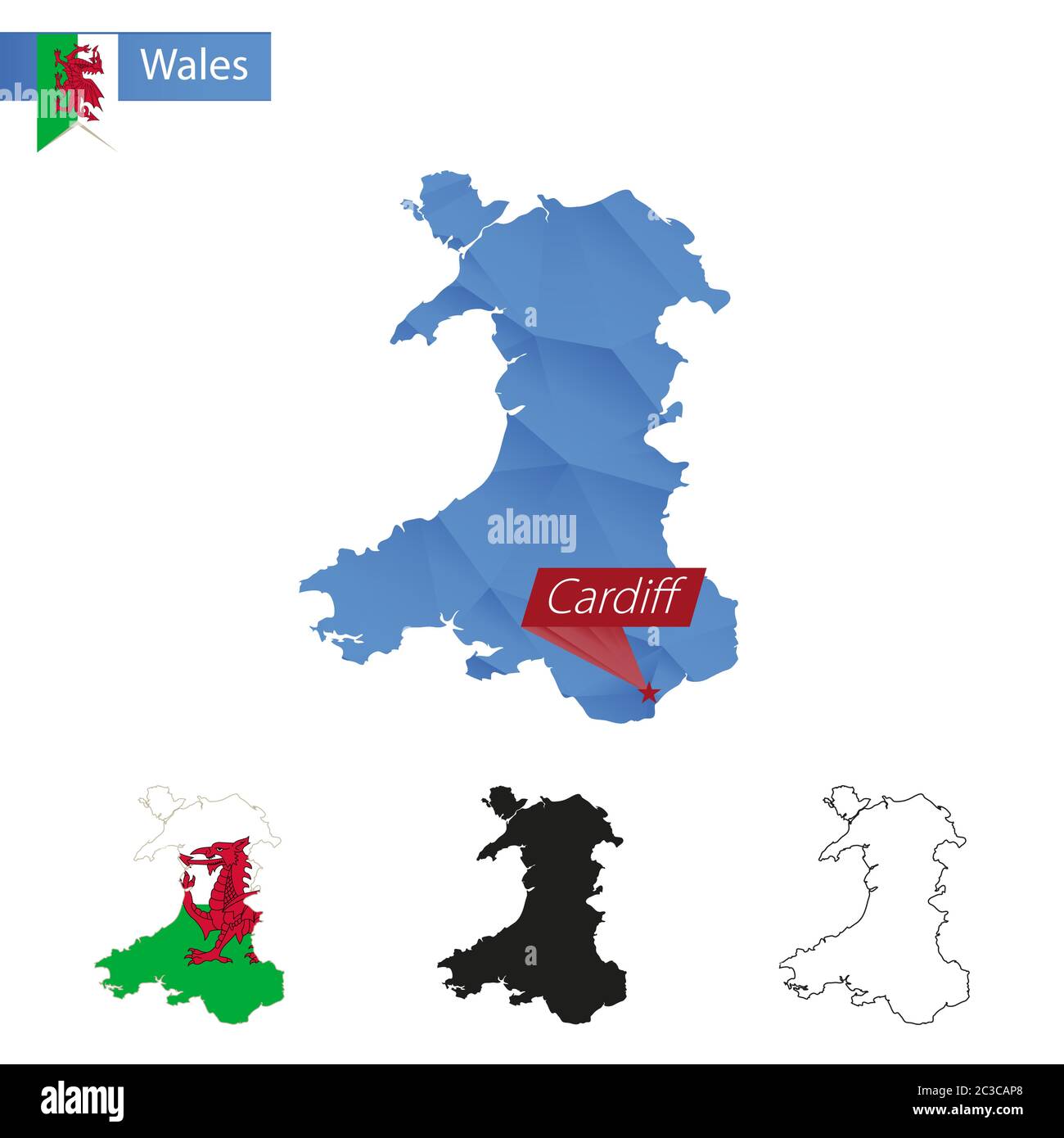 Wales blue Low Poly map with capital Cardiff, versions with flag, black ...