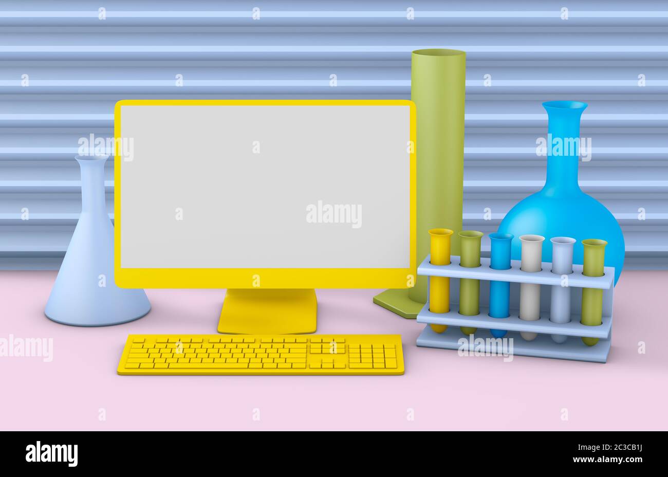 Yellow computer with blank screen and chemical laboratory test tubes ...