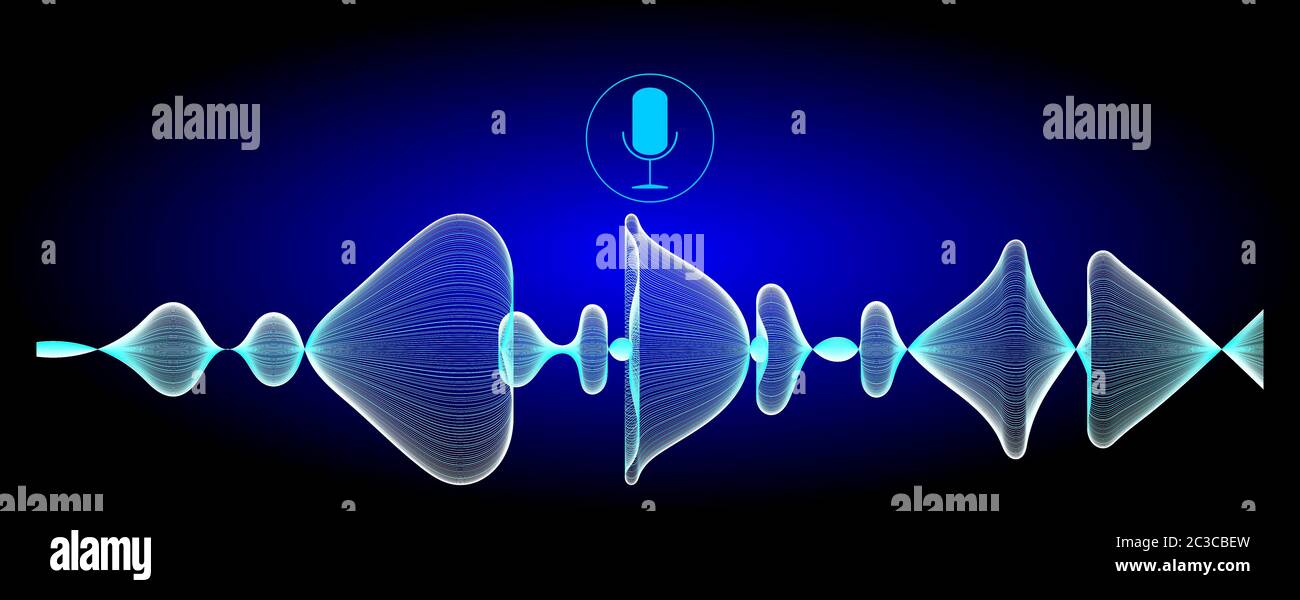 Voice Recognition with a microphone and blue white sound waves â ...