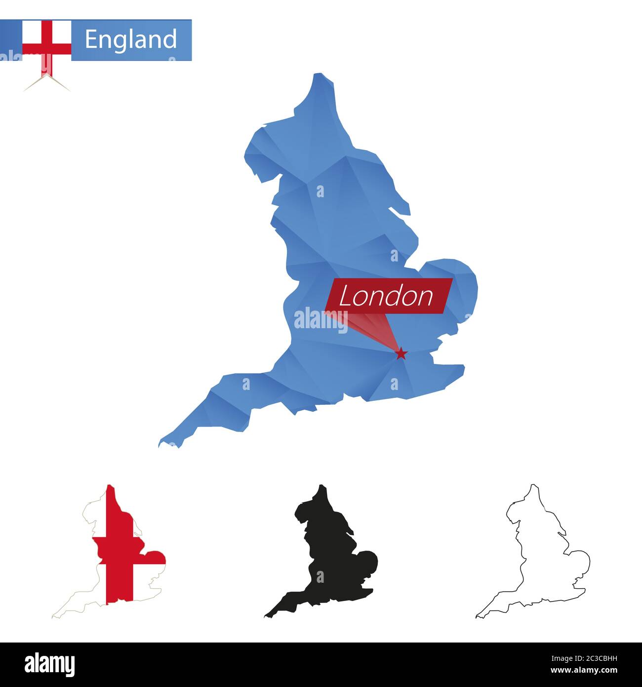 England blue Low Poly map with capital London, versions with flag ...