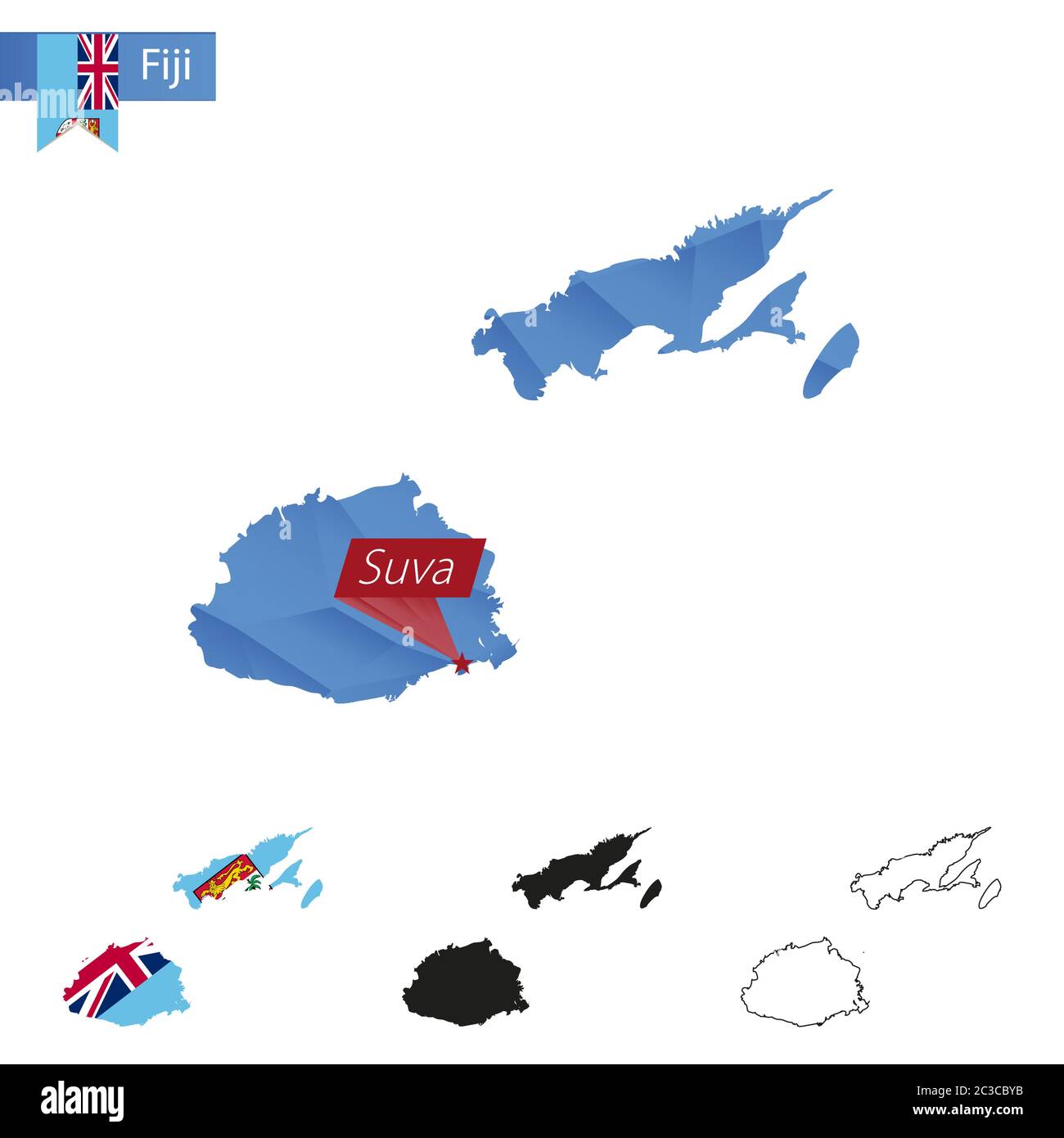 Fiji blue Low Poly map with capital Suva, four versions of map. Vector ...
