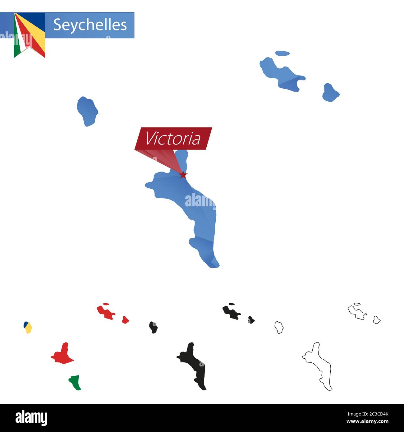 Seychelles blue Low Poly map with capital Victoria, four versions of ...