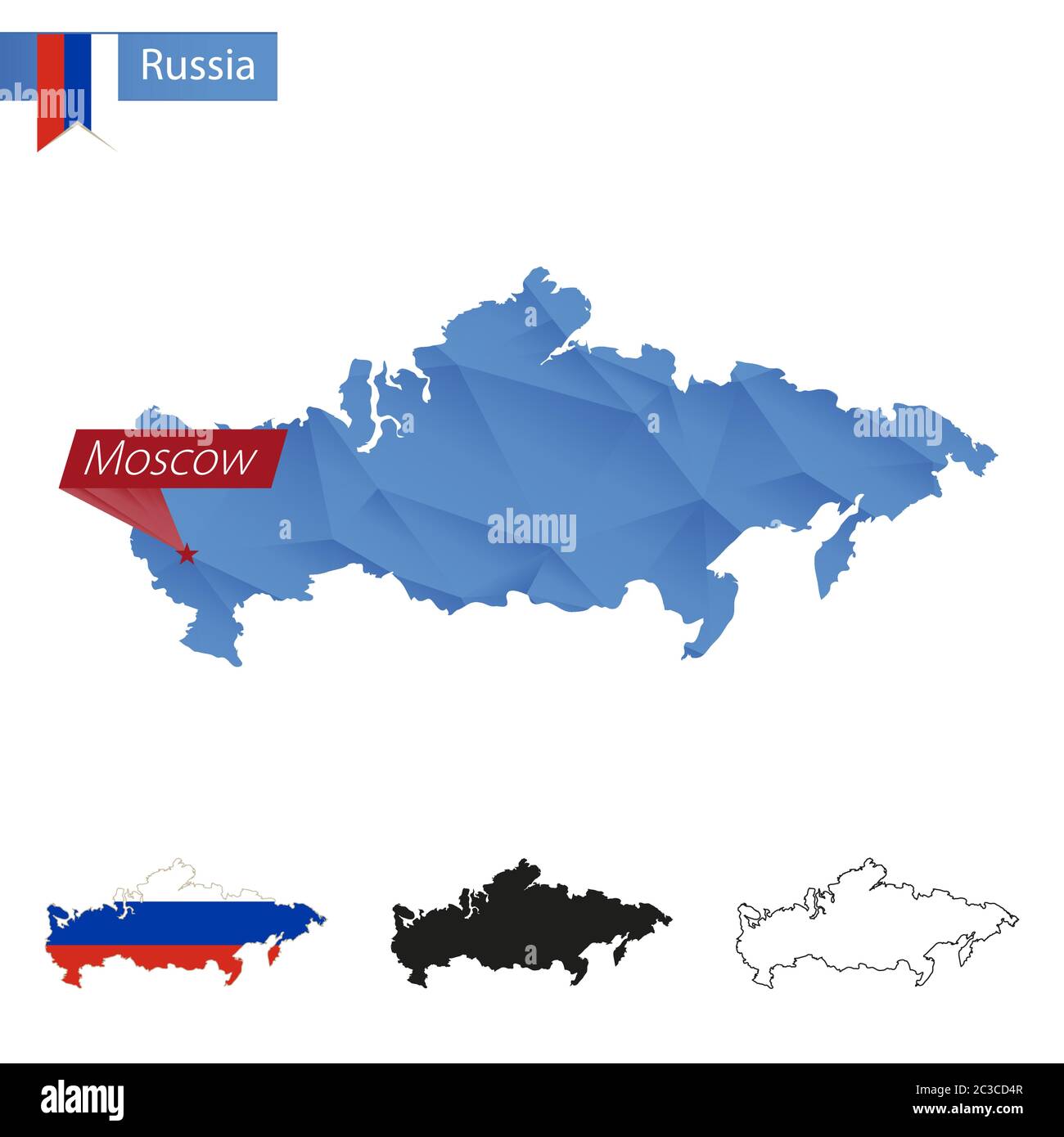 Russia blue Low Poly map with capital Moscow, four versions of map ...