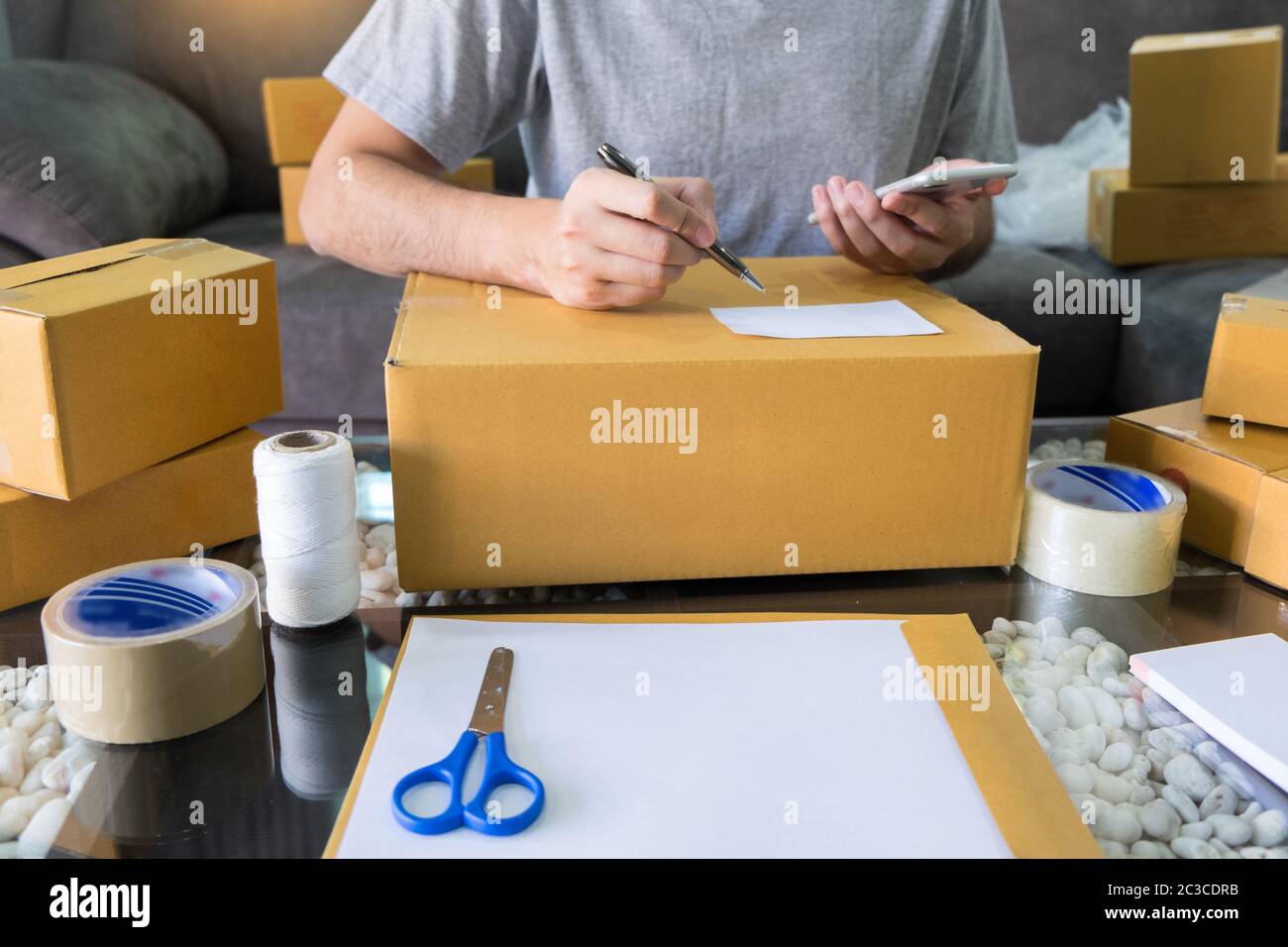 prepare online shopping parcel Shopping concept, Young start up small ...
