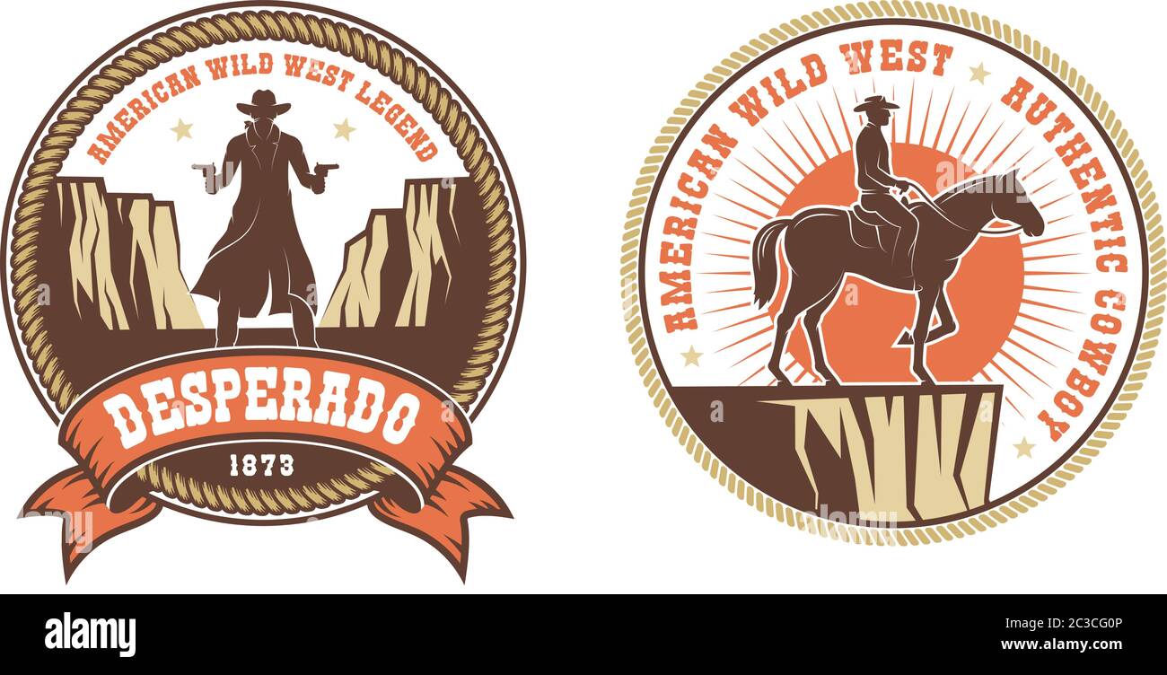 Western American logo with cowboy bandit and horse rider Stock Vector ...