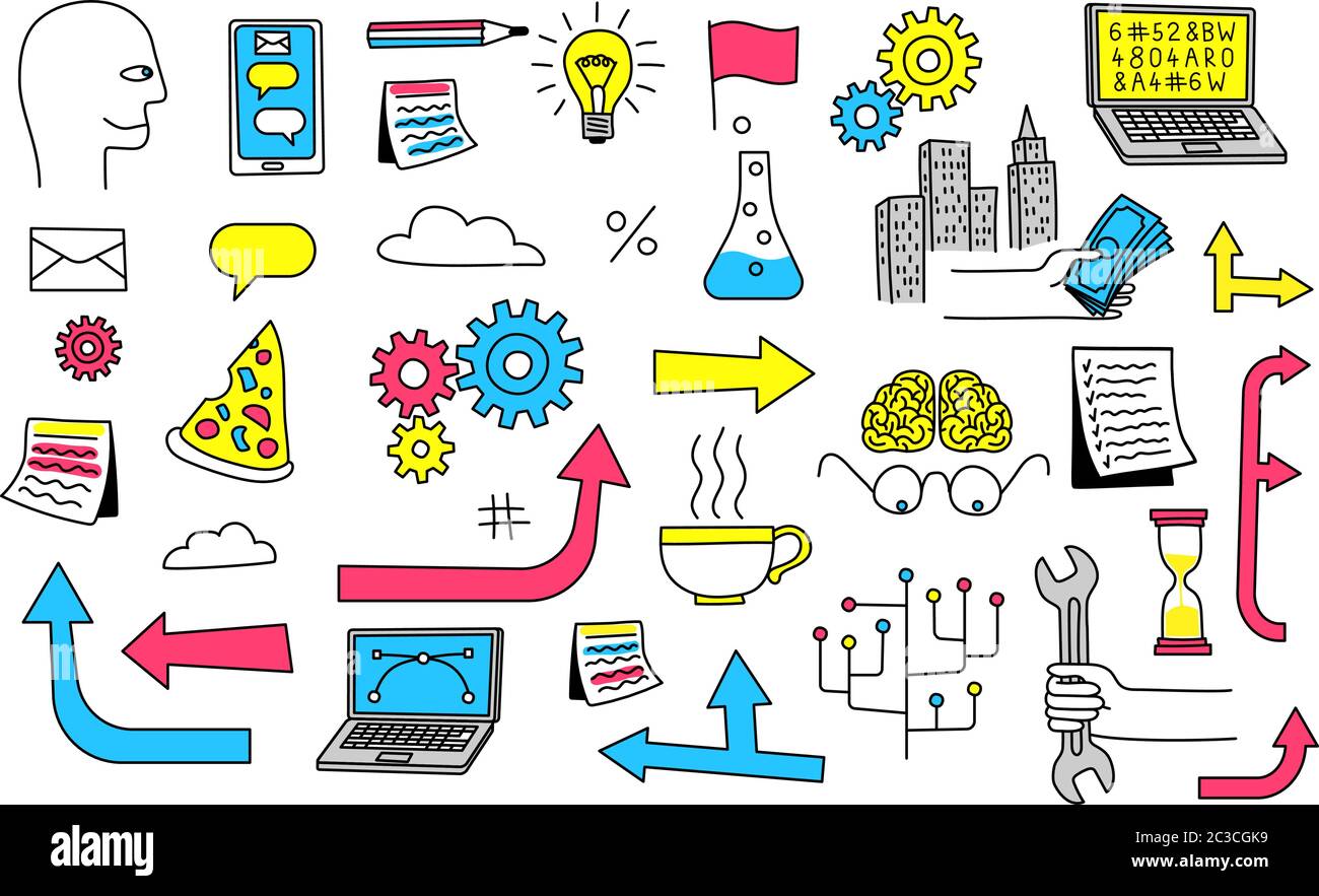 Doodle icons for illustration of workflow, business, plan, scheme Stock ...