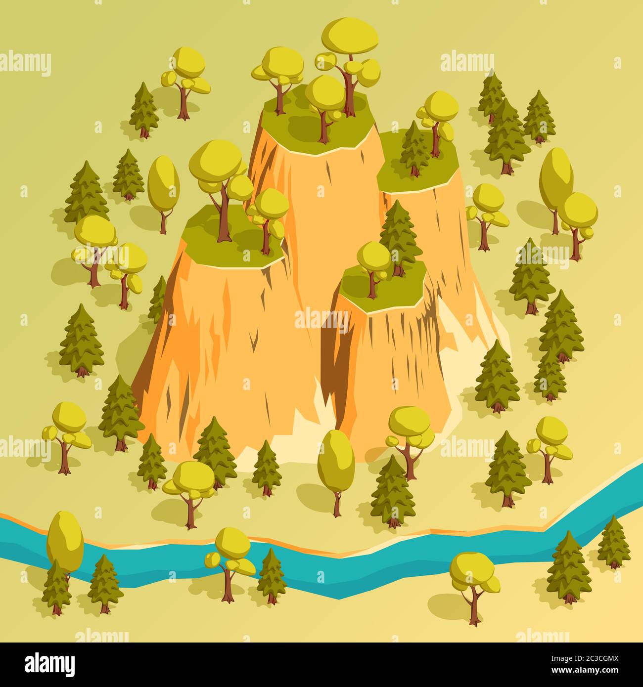 A cliff with ledges in a forest surrounded by trees. Isometric Stock ...