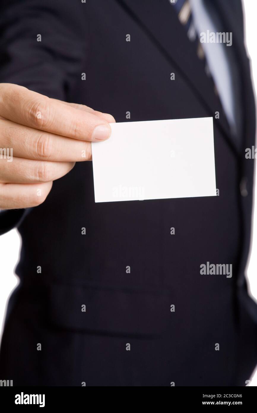 Hand of businessman offering business card on white background Stock ...